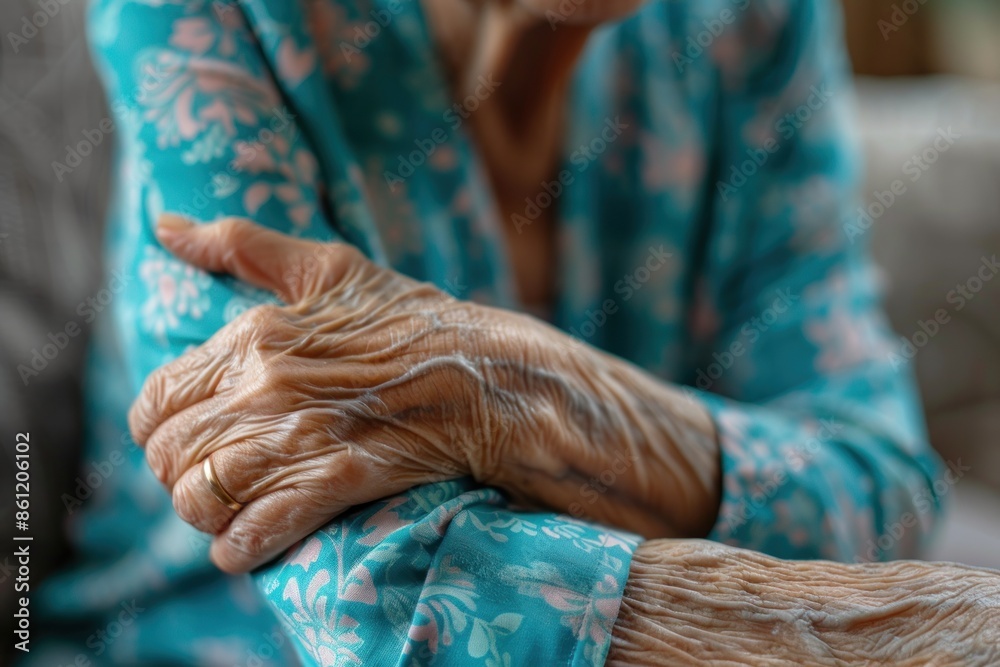 elderly lady showing her loose skin on her lower arm as she pinches it ...