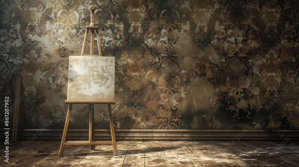 Empty wooden easel with a blank canvas stands in an abandoned room with ...