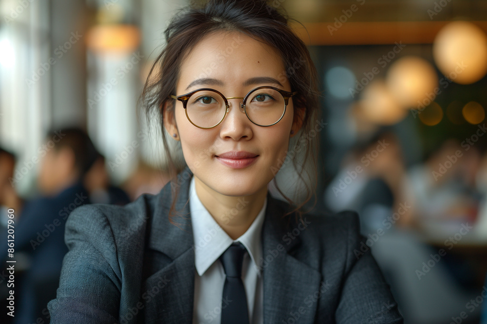 A young Asian woman in a black business suit smiles in a professional ...