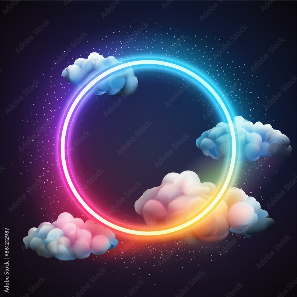 lingkaran neon abstrak pada latar belakang gelap dengan asap dan awan ...