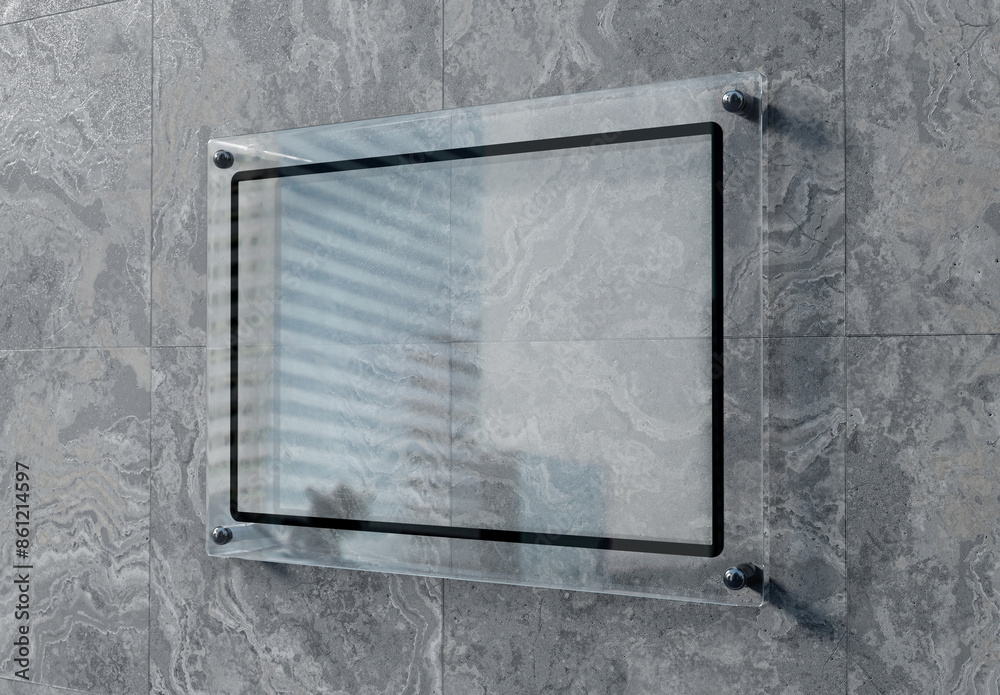 Transparent glass sign plate on wall mockup. Template of a blank ...