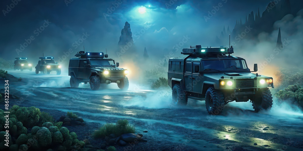 British army Defender wolf vehicles maneuvering through a military ...