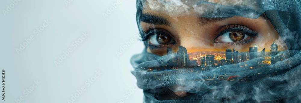 double exposure photography. arabic face in abaya shaped by buildings ...