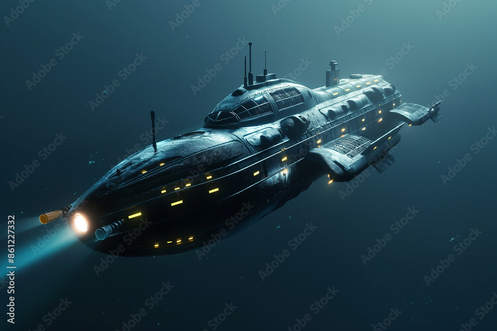 Futuristic submarine underwater with glowing lights, sleek design ...