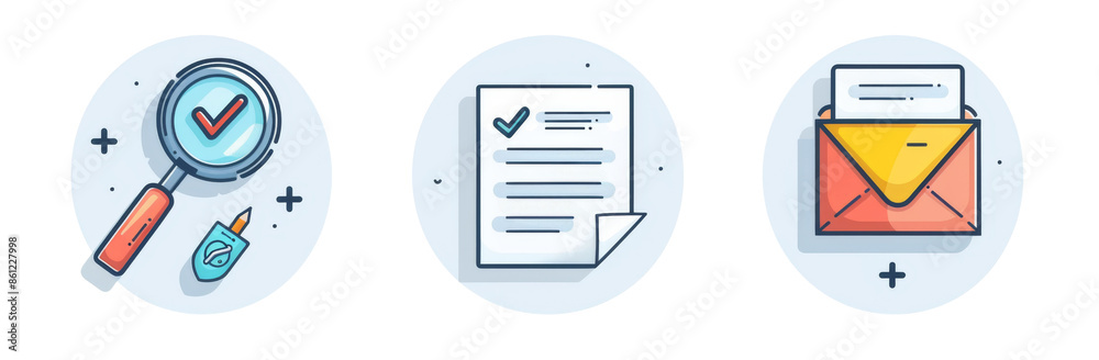 Minimalist Document Line Icons Set - Checkmark, Magnifying Glass ...