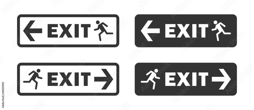 Vector illustration of exit sign icons with running man and directional ...