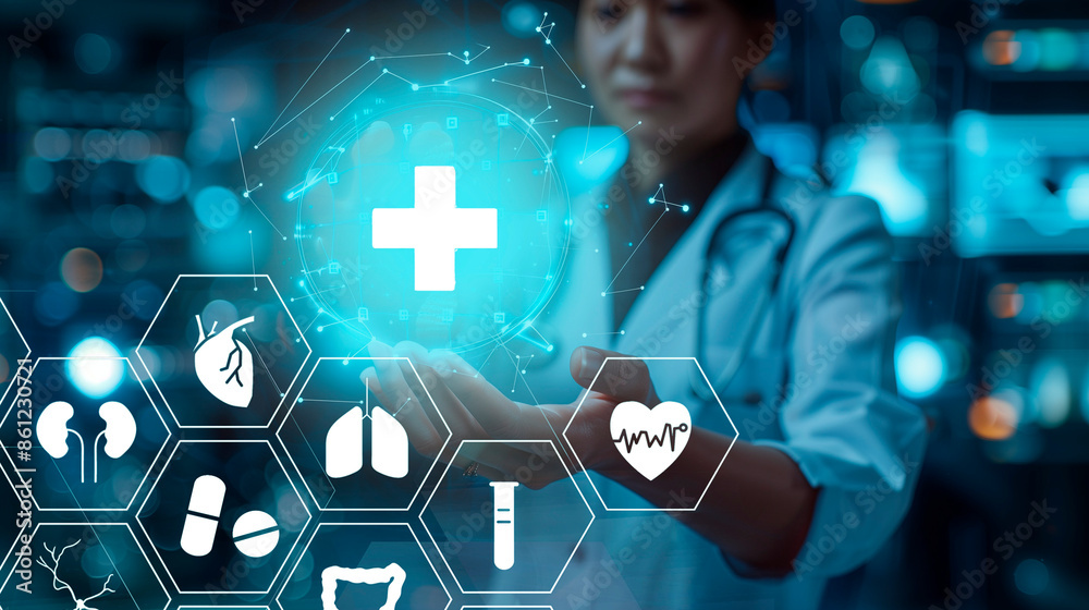 Medical technology. Medical and health icons, electronic medical ...