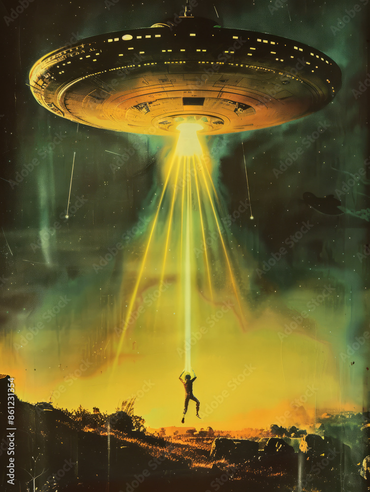 1960s 1970s film style person being abducted by aliens in a flying saucer UFO, a person is being ...