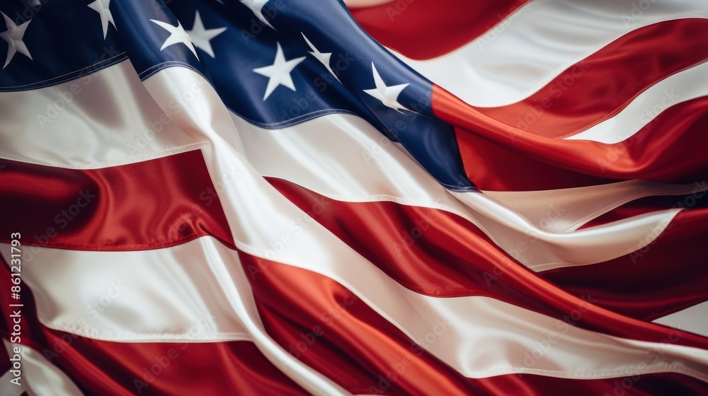 The image shows a close-up of the American flag, featuring its iconic ...