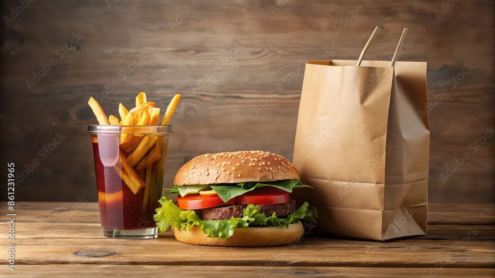 Fast food take out paper bag with burger, fries, and soda, fast food ...
