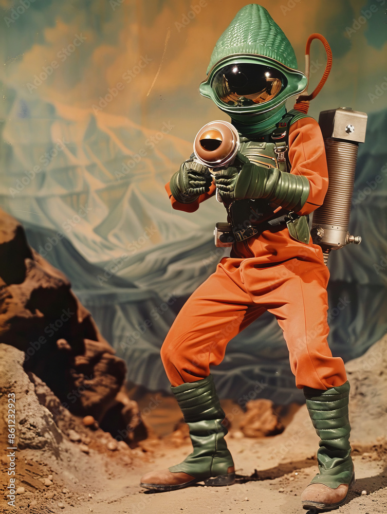 Retro 1960s 1950s style vintage space alien little green man on another ...