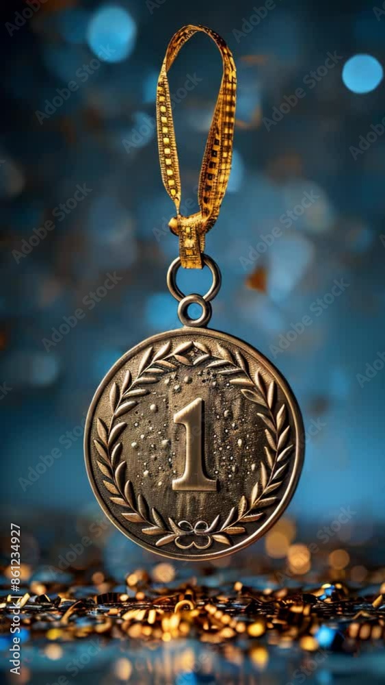 Gold medal with number one for 1st place laurel wreath on festive ...