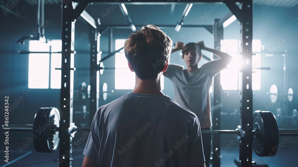 Teenager lifting weights with a personal trainer spotting in a modern ...