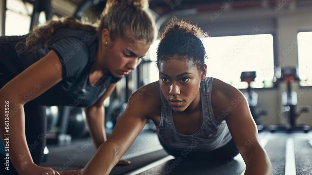 Teenager working on core strength exercises with a coach in a gym ...