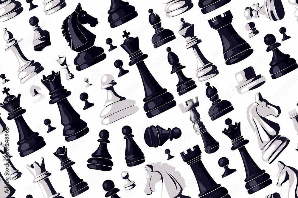 Black and white chess pieces pattern on a seamless tile. The design ...