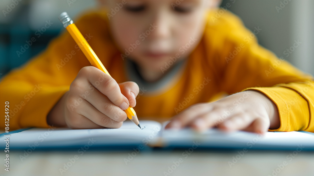 'child writing in a journal at a school desk, expression of focus and ...