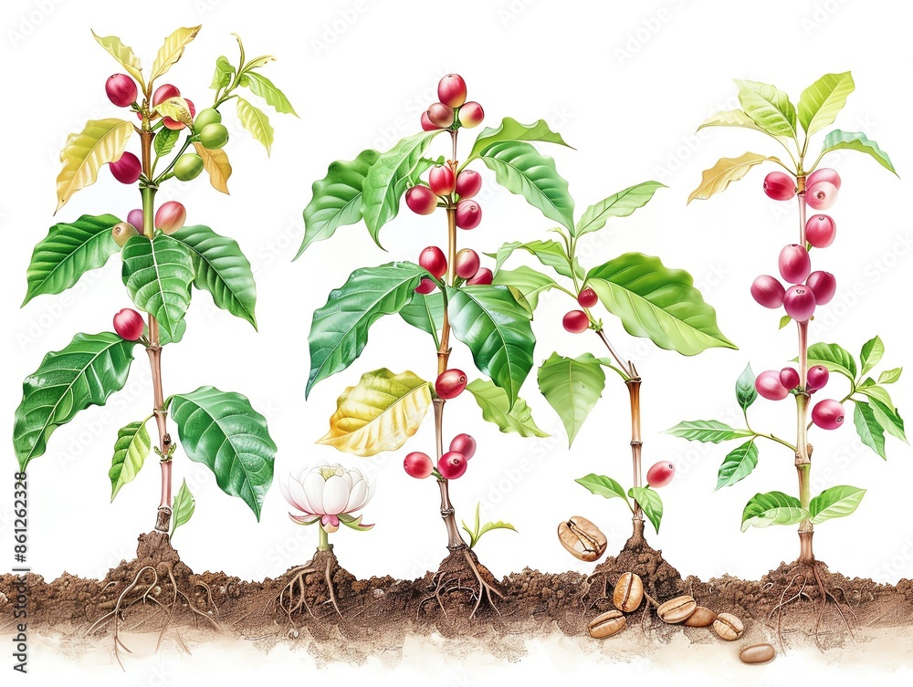 Diagram of Coffea arabica plant lifecycle, showing growth stages from ...
