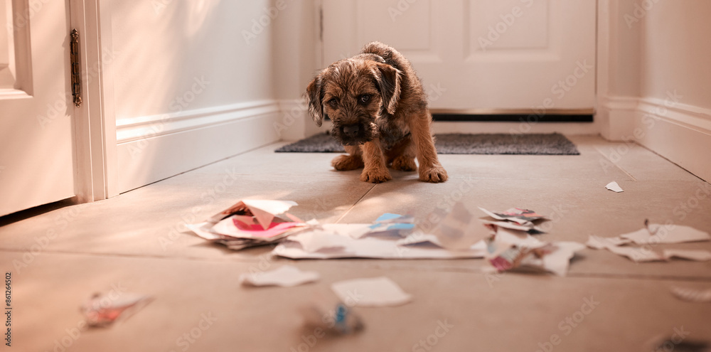 Badly Behaved Border Terrier Puppy Ripping Up Letters In Hallway Of ...