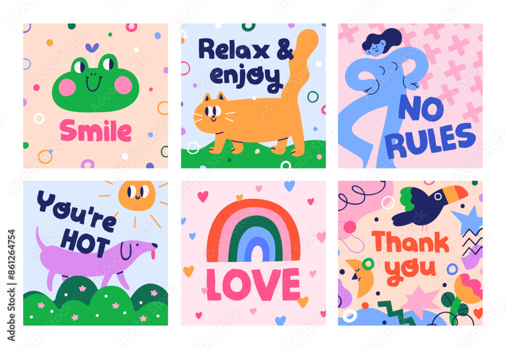 Funny cute card designs set. Abstract square backgrounds with creative ...