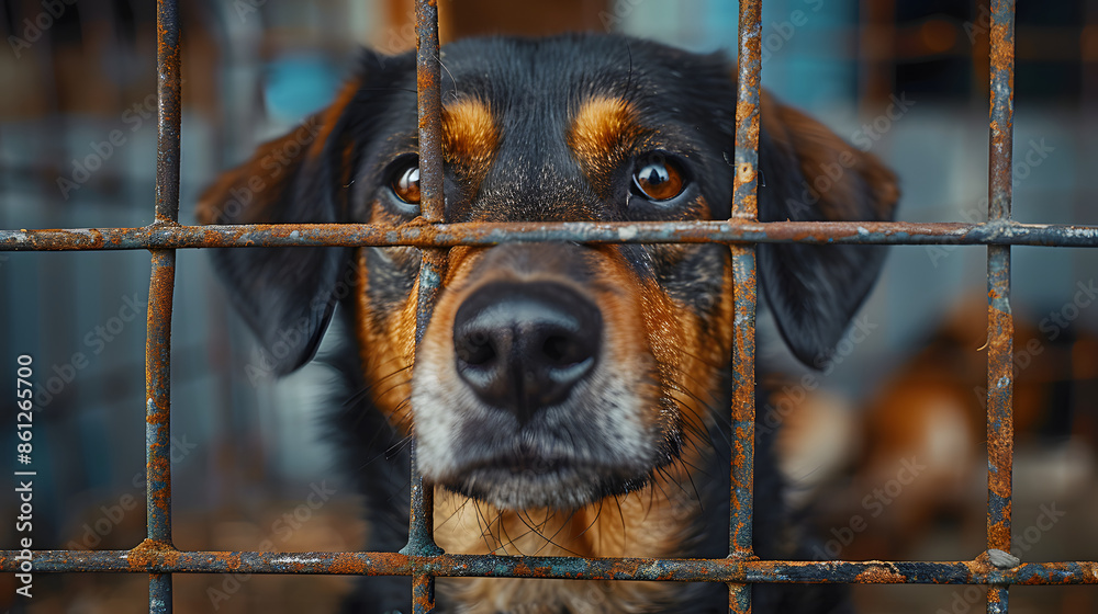 A sad and abandoned homeless dog behind the bars of an animal shelter ...