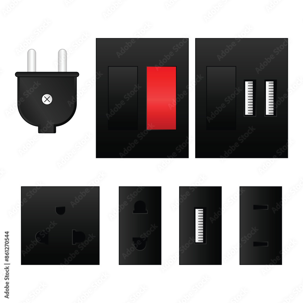 Switchboard sockets and electric boards USB port, USA, UK, India plugs ...