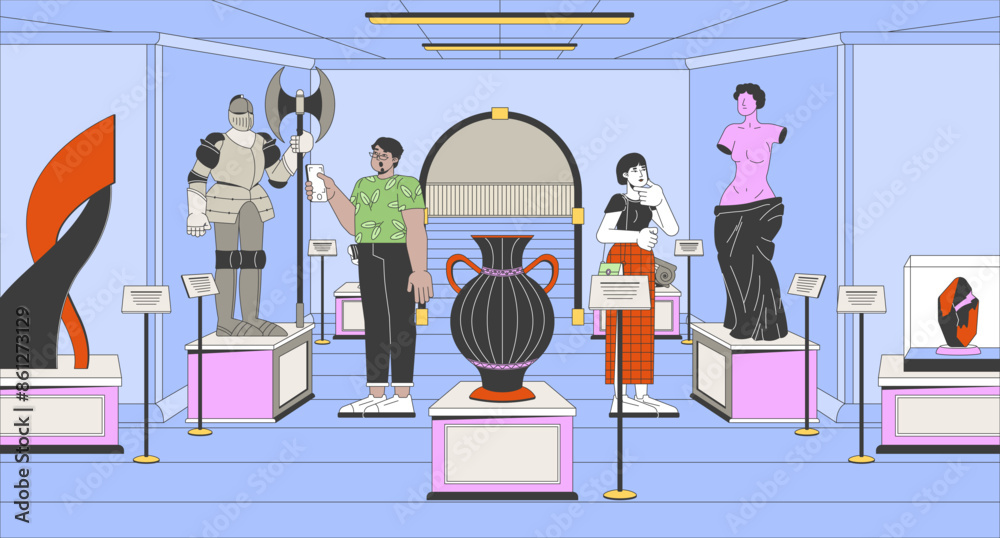 Historic museum people cartoon flat illustration. Asian woman looking ...