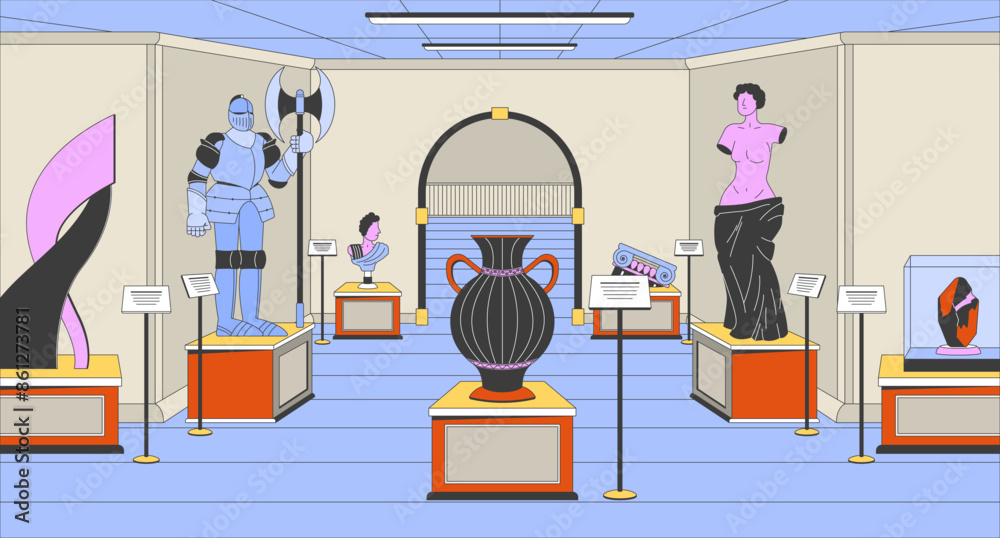 Historical museum cartoon flat illustration. Ancient statues, knight ...