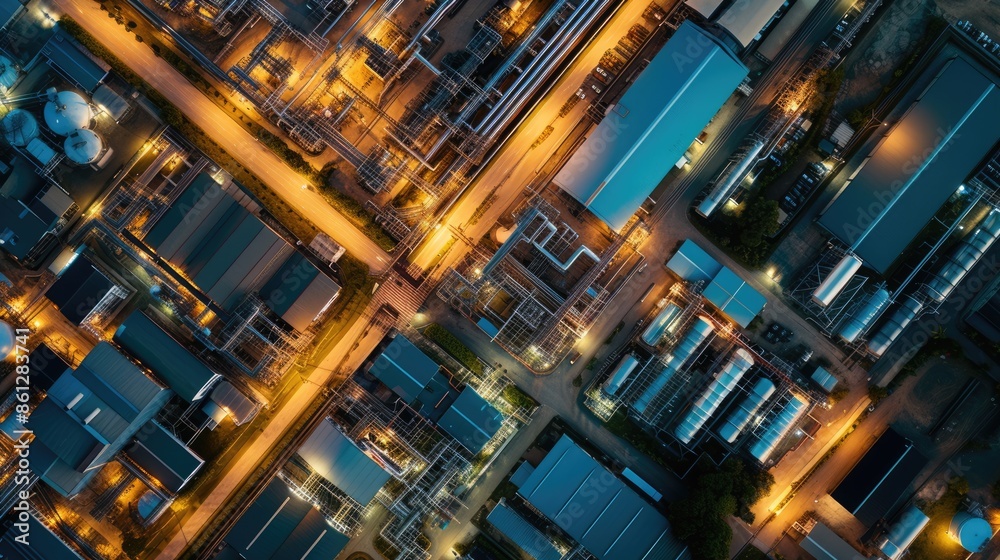 Aerial view of city view and industrial factory view with light in ...