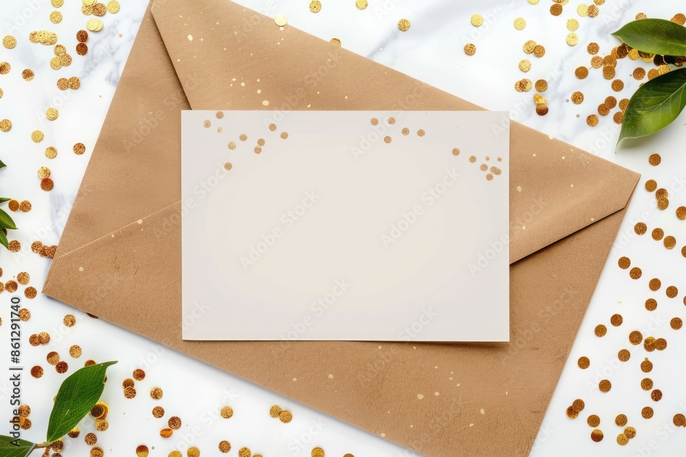 Empty greeting card with a paper craft envelope and gold confetti ...