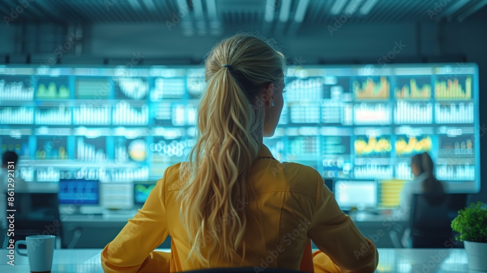 Back View of Woman in Control Room. Woman with blonde hair, viewed from ...