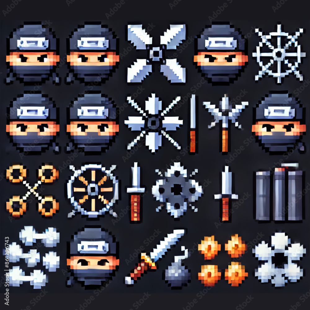 A sprite sheet in pixel art style for a Japanese RPG featuring ninja ...
