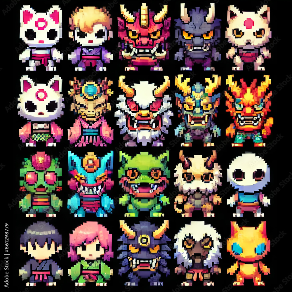 A sprite sheet in pixel art style for a Japanese RPG featuring yokai ...