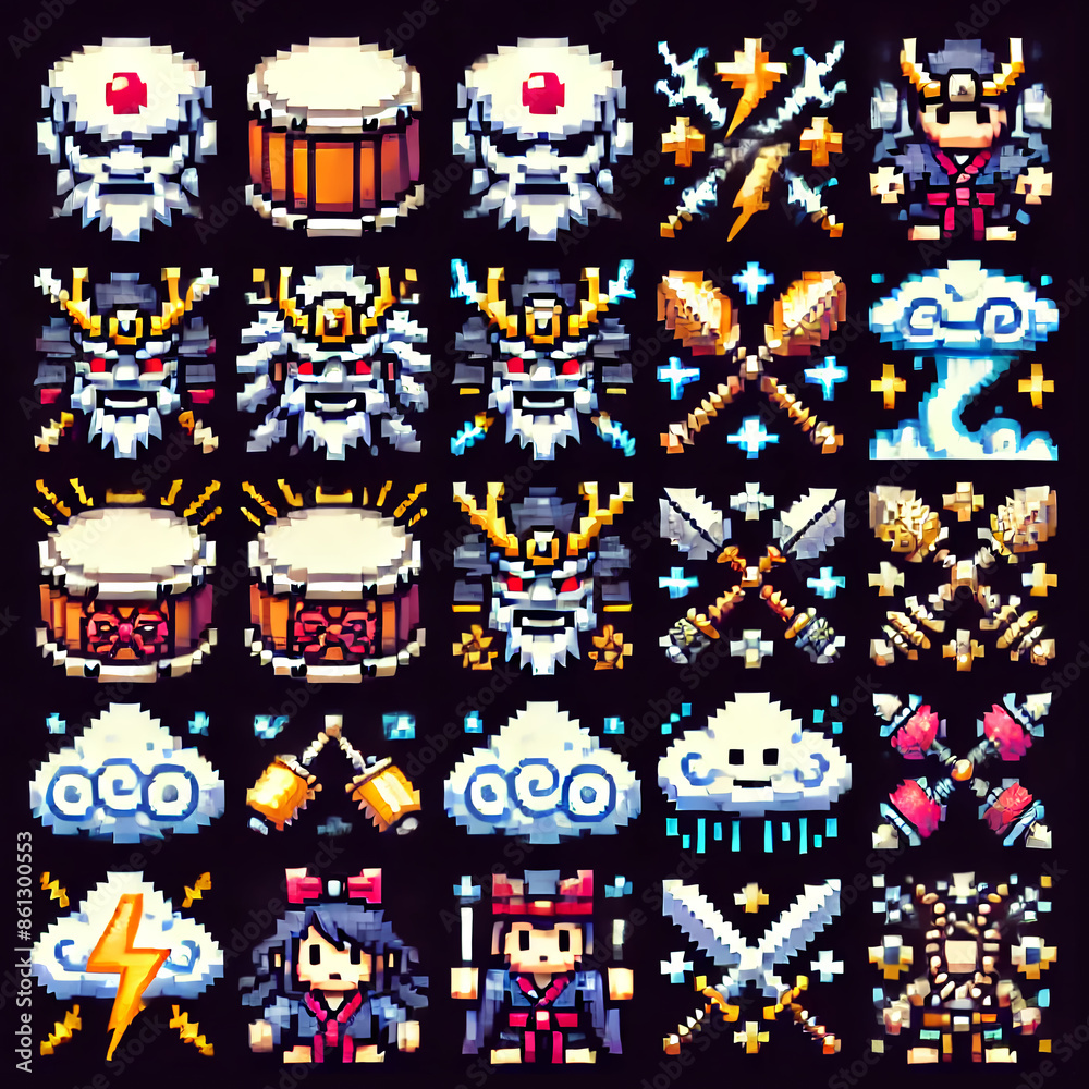A sprite sheet in pixel art style for a Japanese RPG featuring thunder ...