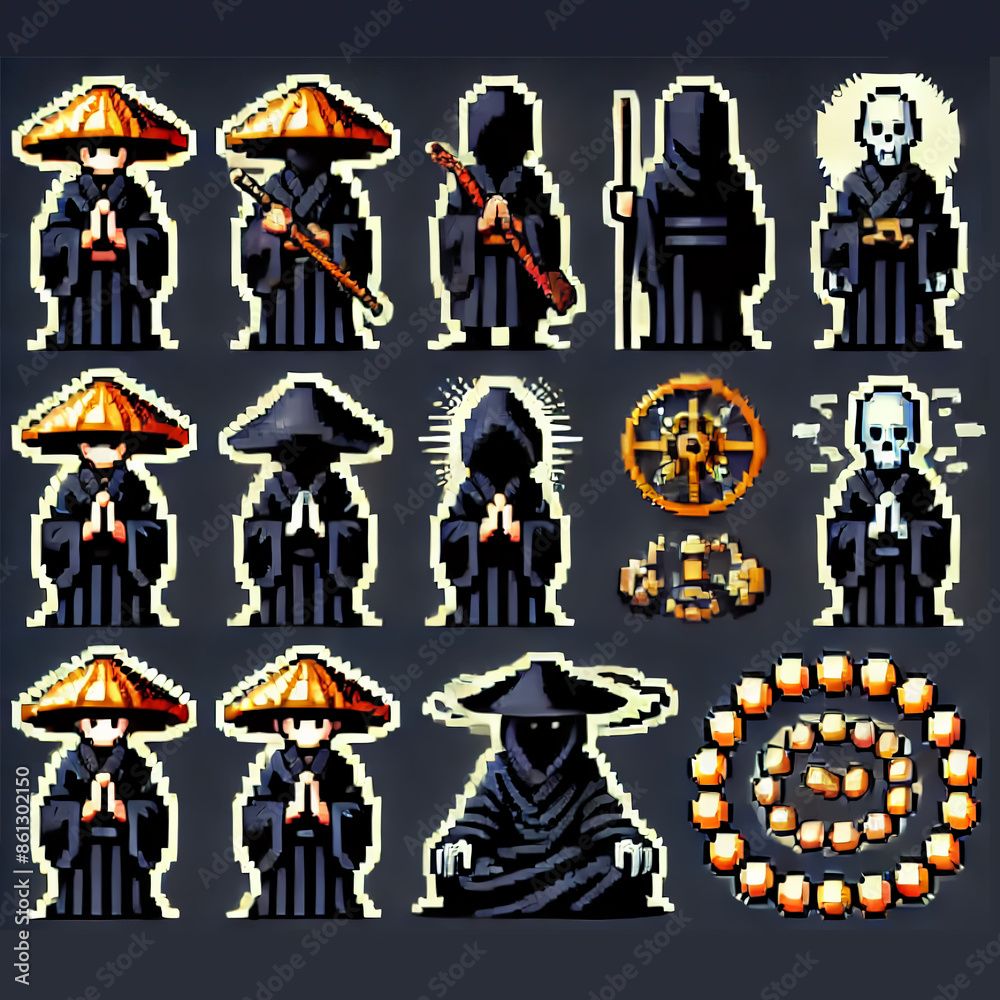 A sprite sheet in pixel art style for a Japanese RPG featuring black ...