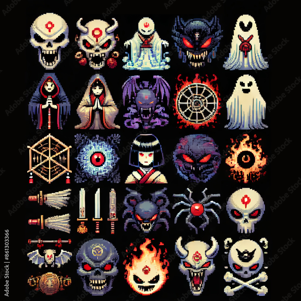 A sprite sheet in pixel art style for a Japanese RPG featuring vengeful ...