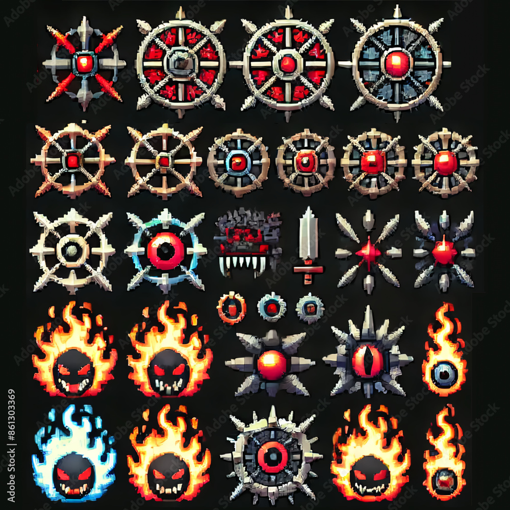 A sprite sheet in pixel art style for a Japanese RPG featuring demon ...