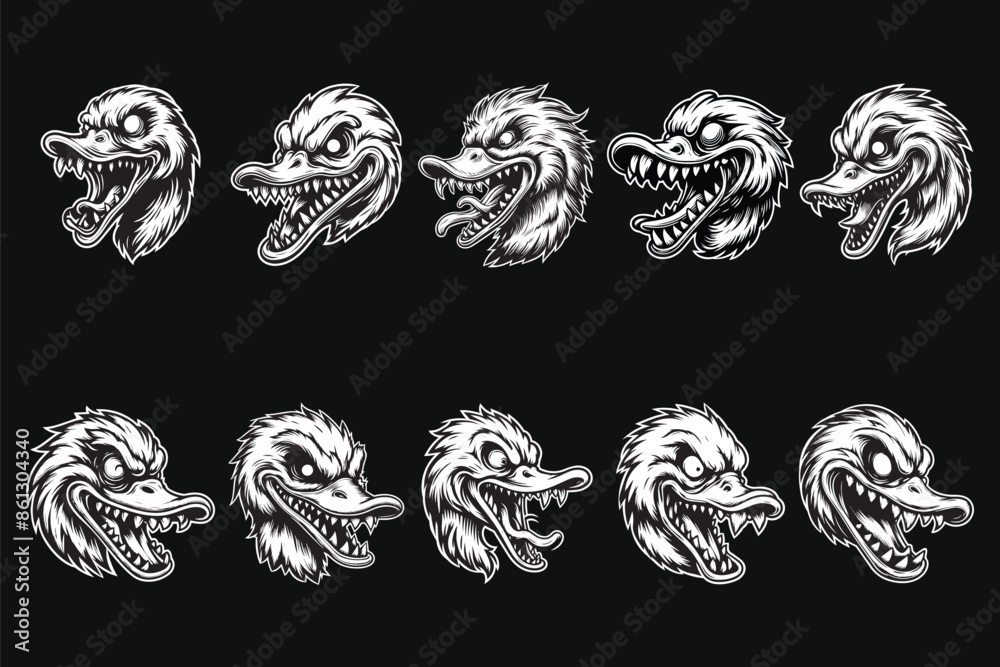 Dark Art Angry Scary Duck Head with Sharp Teeth Black and White ...