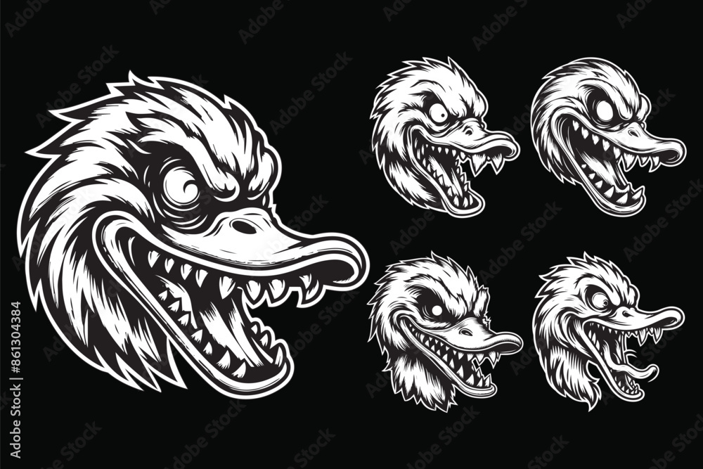 Dark Art Angry Scary Duck Head with Sharp Teeth Black and White ...