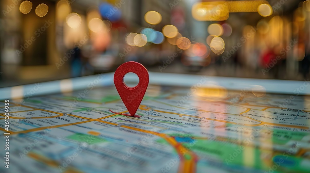 City map with a red pin marking a location, representing navigation and ...