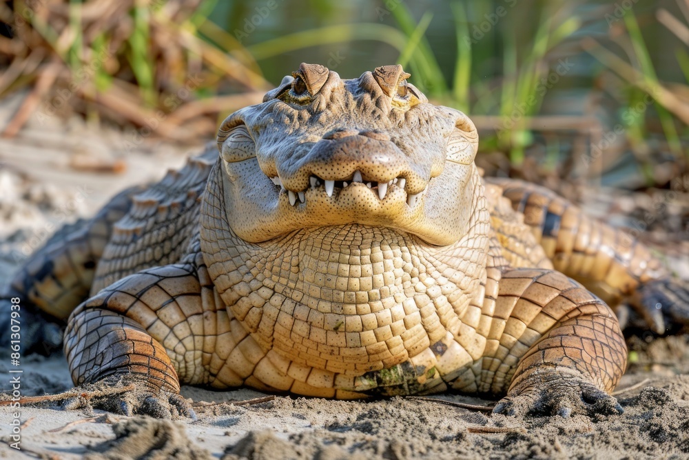 front view of a very fat alligator sitting on the bank and sunning ...