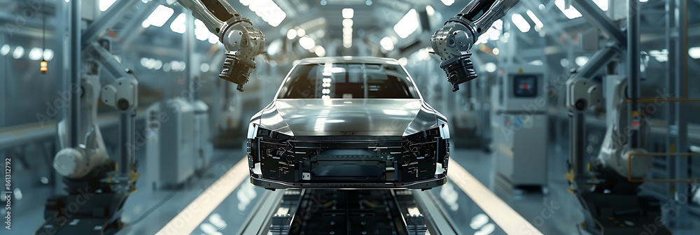 An advanced automotive production line in a factory, showcasing robotic ...