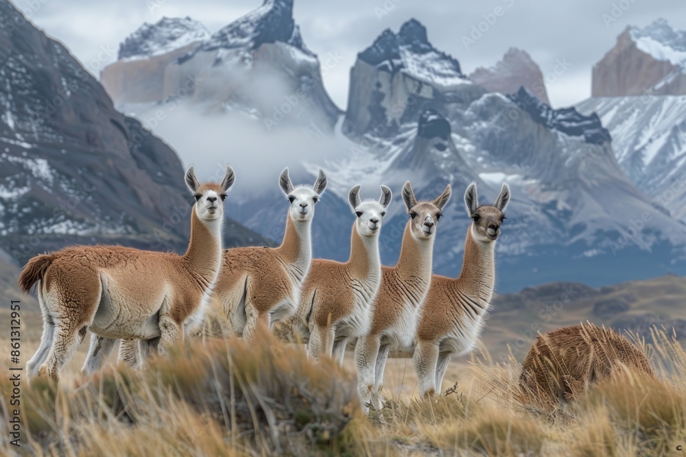 Guanaco herd (Lama guanicoe) Torres Del Paine National Park,Chile Stock ...