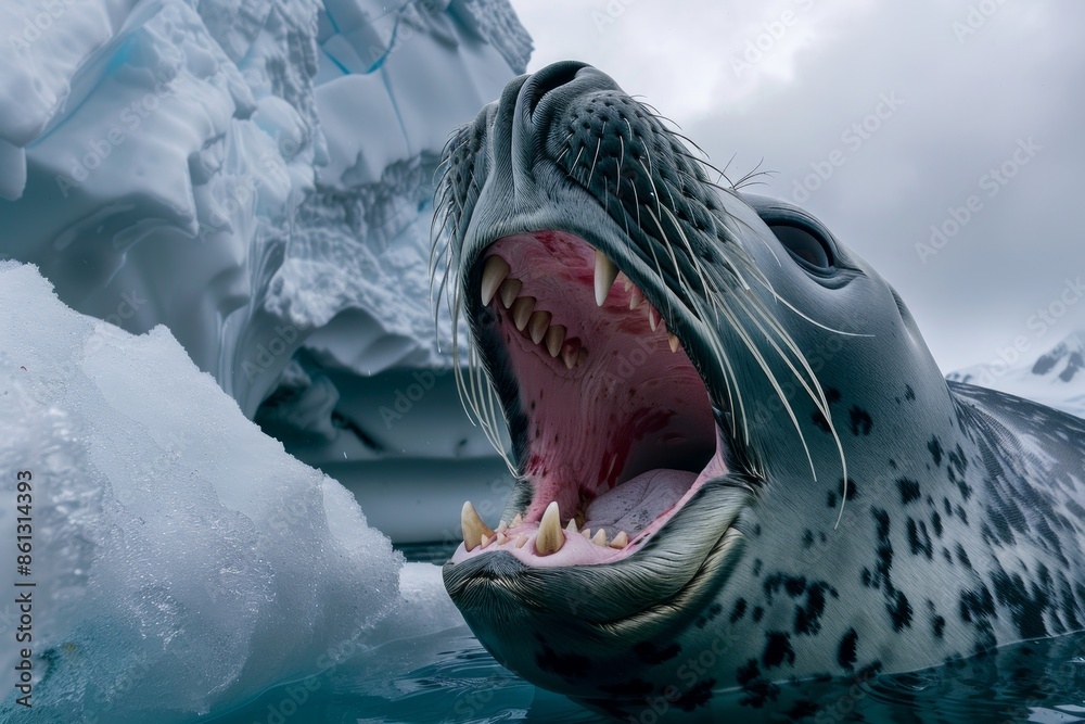 Leopard seal shoes off it's impressive teeth as it opens it's massive ...