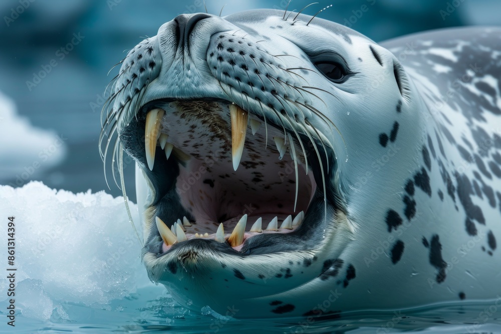 Leopard seal shoes off it's impressive teeth as it opens it's massive ...