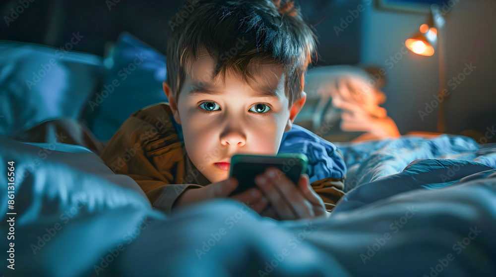 Exhausted and sleepy young child lying in bed at night struggling with ...