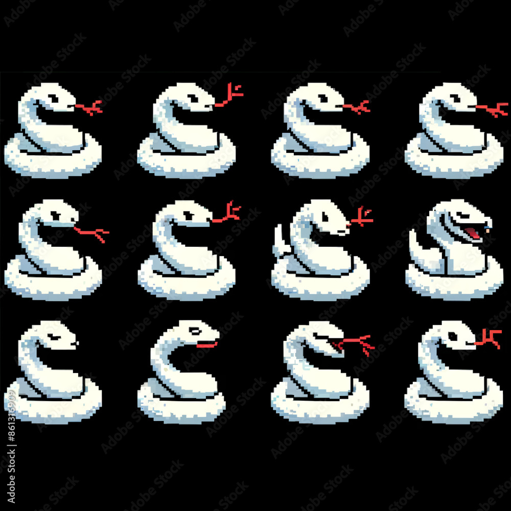 Pixel Art Sprite Sheet for Japanese RPG White Snake Icons Stock ...