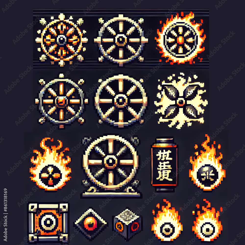Pixel Art Sprite Sheet for Japanese RPG Flaming Wheel Icons Stock ...