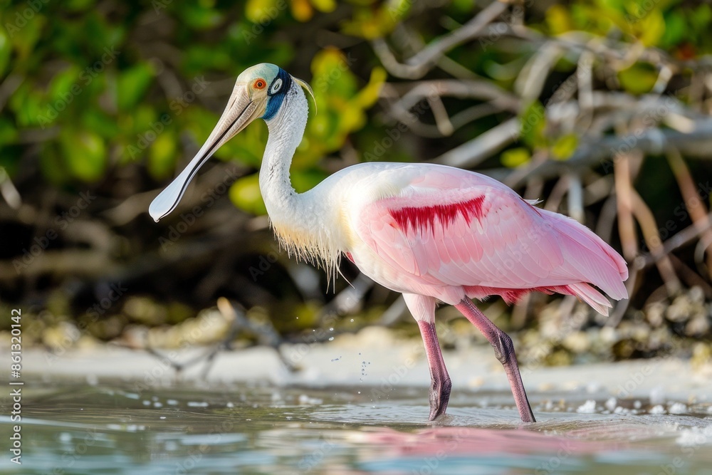 Roseatte spoonbill Platalea ajaja side view with pink wings and ...