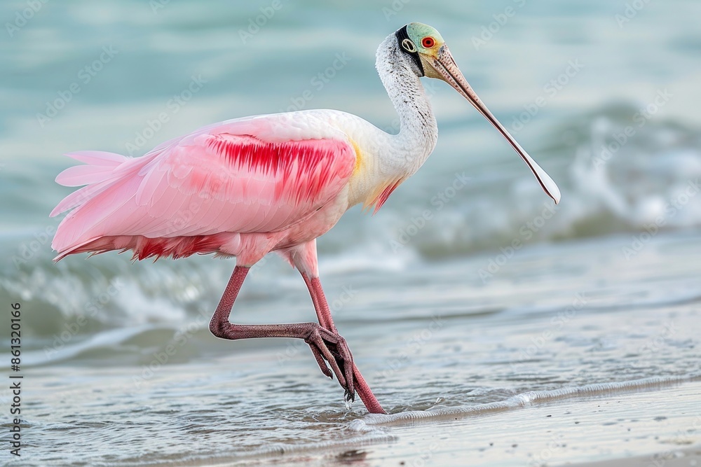 Roseatte spoonbill Platalea ajaja side view with pink wings and ...