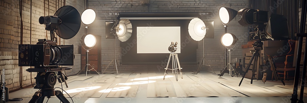 Retro-inspired film studio setup with classic movie-making equipment ...